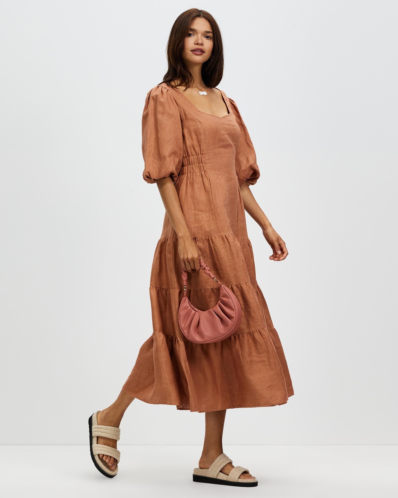 Aere Ruched Puff Sleeve Midi Dress Size 14 Airrobe