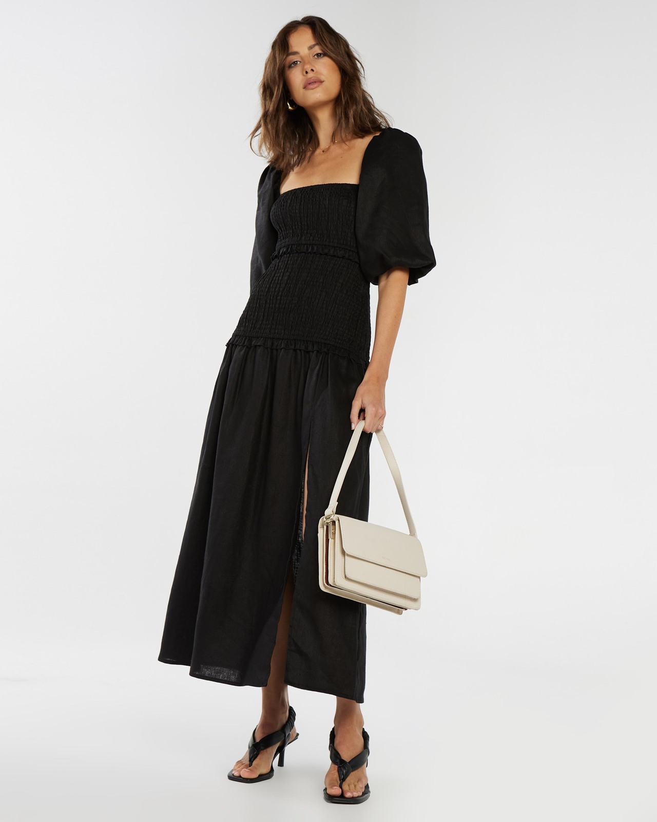 Shirred Linen Puff Sleeve Midi Dress Airrobe