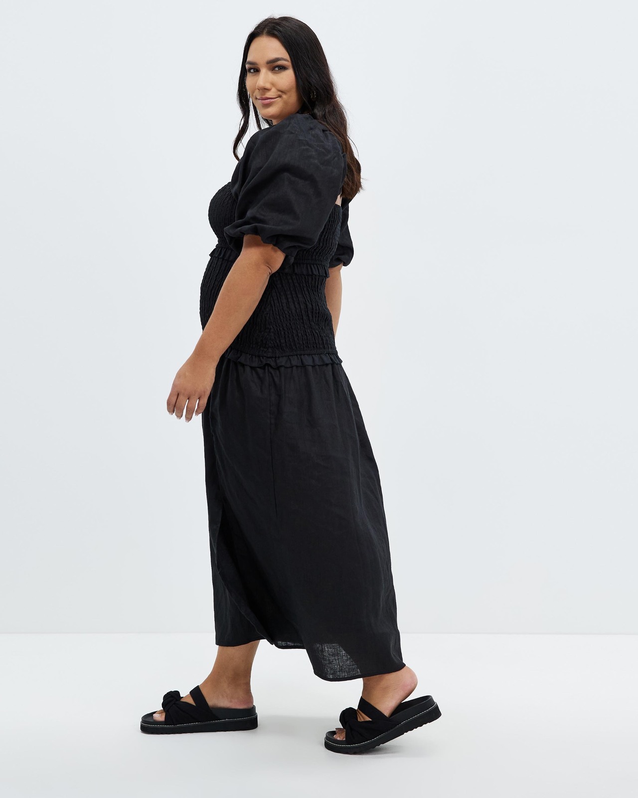 Shirred Linen Puff Sleeve Midi Dress Airrobe
