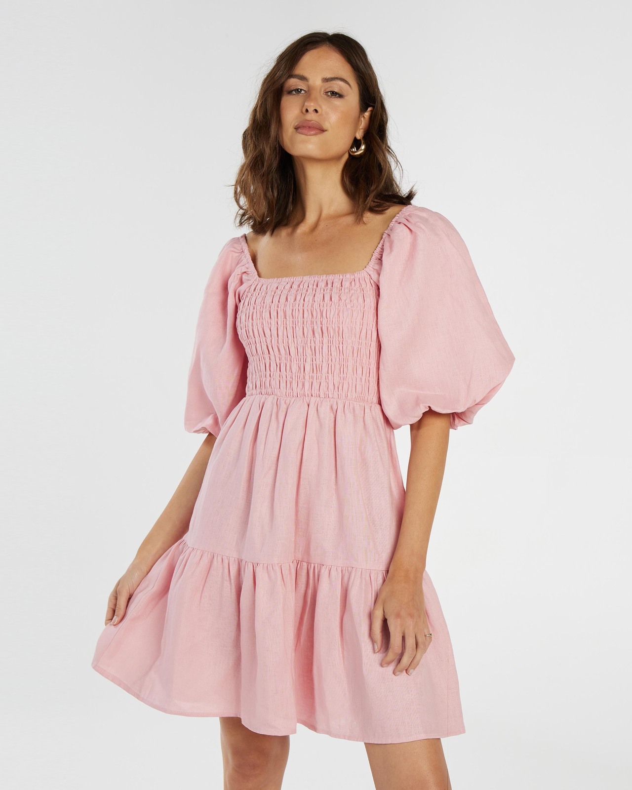 Aere Shirred Linen Puff Sleeve Mini Dress Airrobe