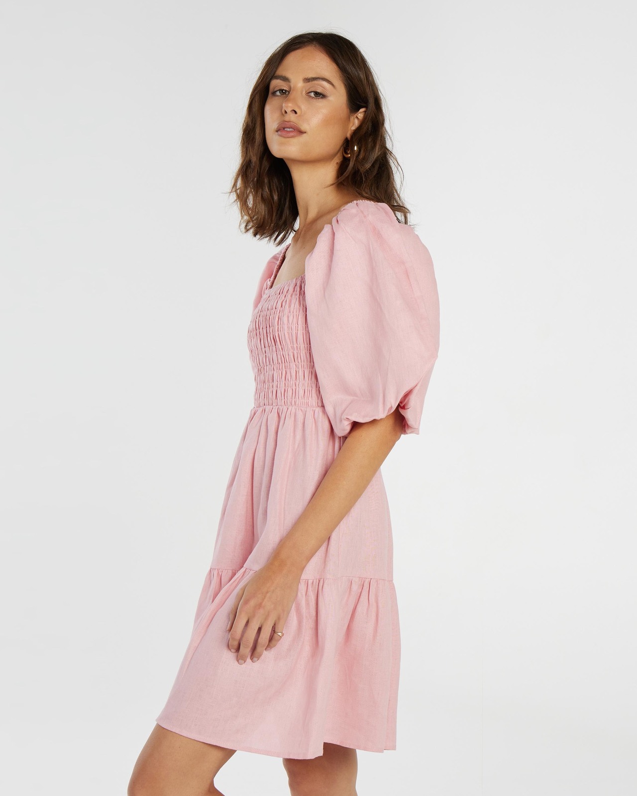 Aere Shirred Linen Puff Sleeve Mini Dress Airrobe