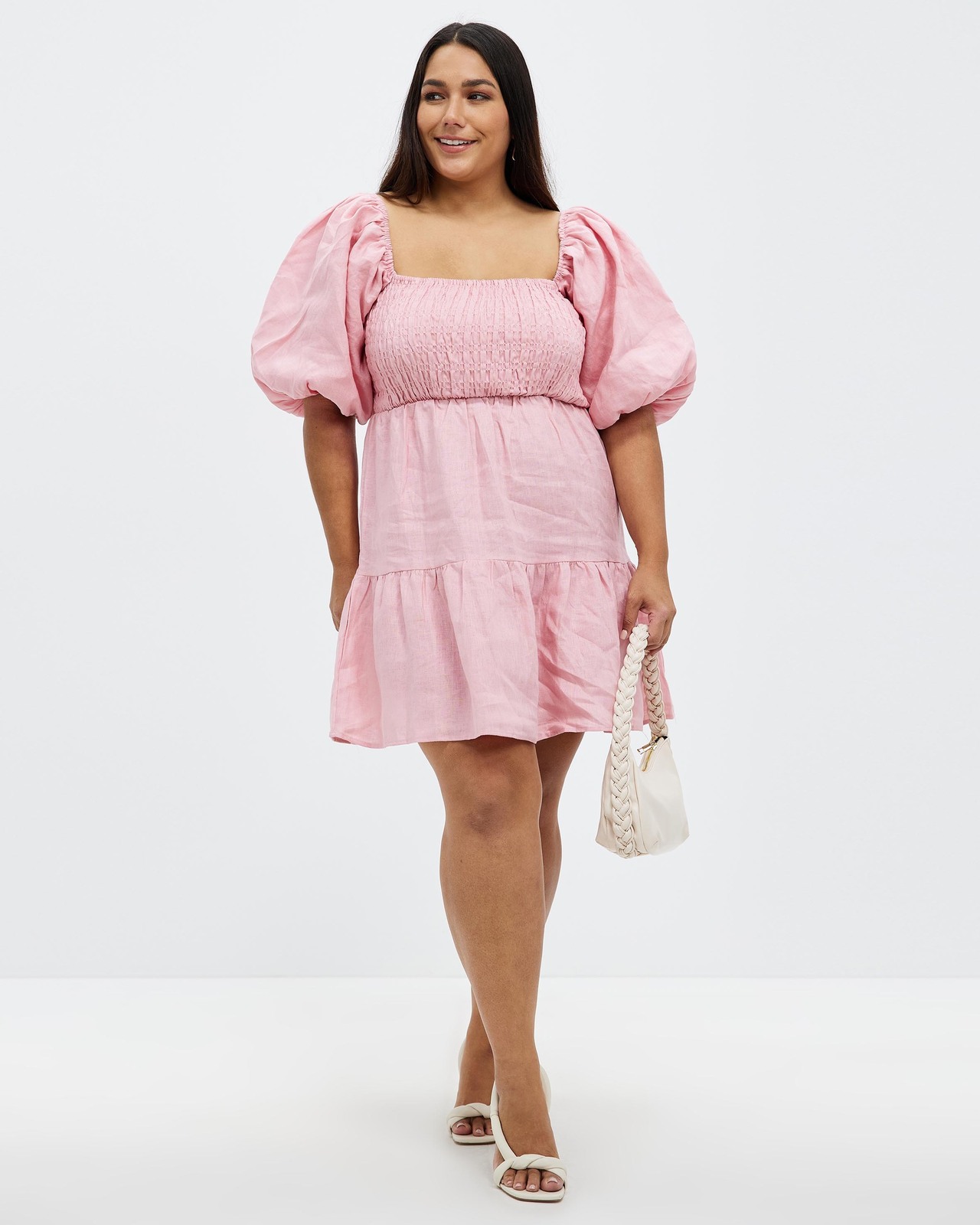 Aere Shirred Linen Puff Sleeve Mini Dress Airrobe