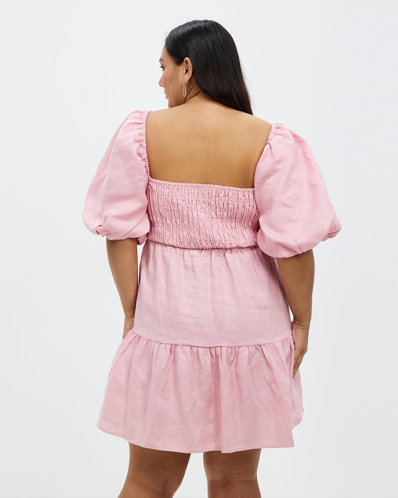 Aere Shirred Linen Puff Sleeve Mini Dress Airrobe
