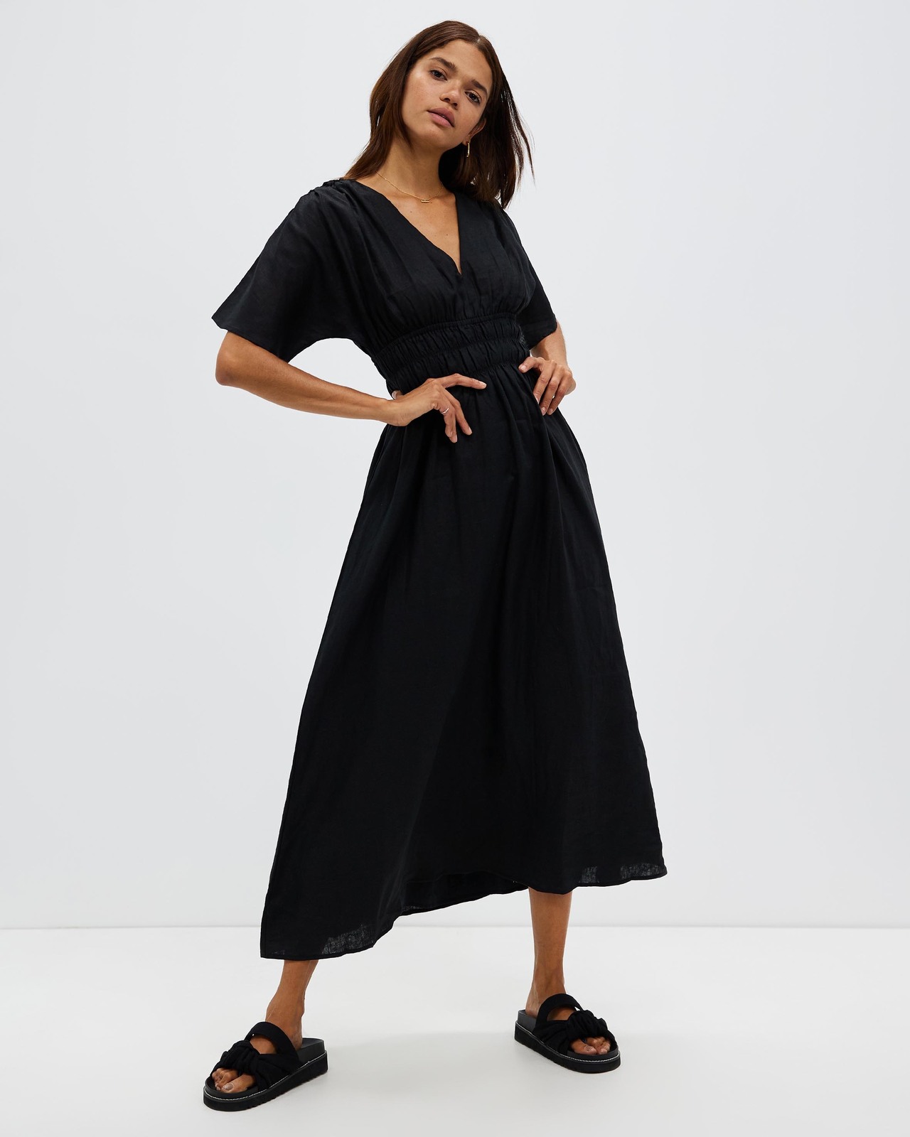 Linen Shirred Midi Dress Airrobe