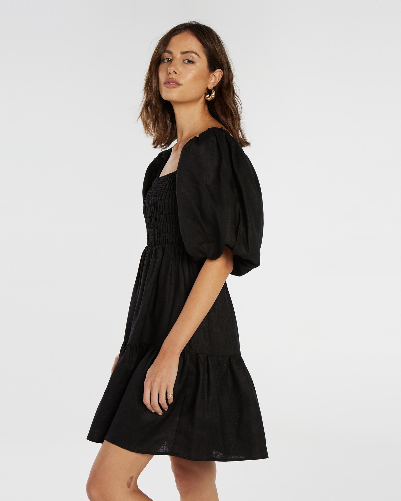 AERE Shirred Linen Puff Sleeve Mini Dress - AirRobe