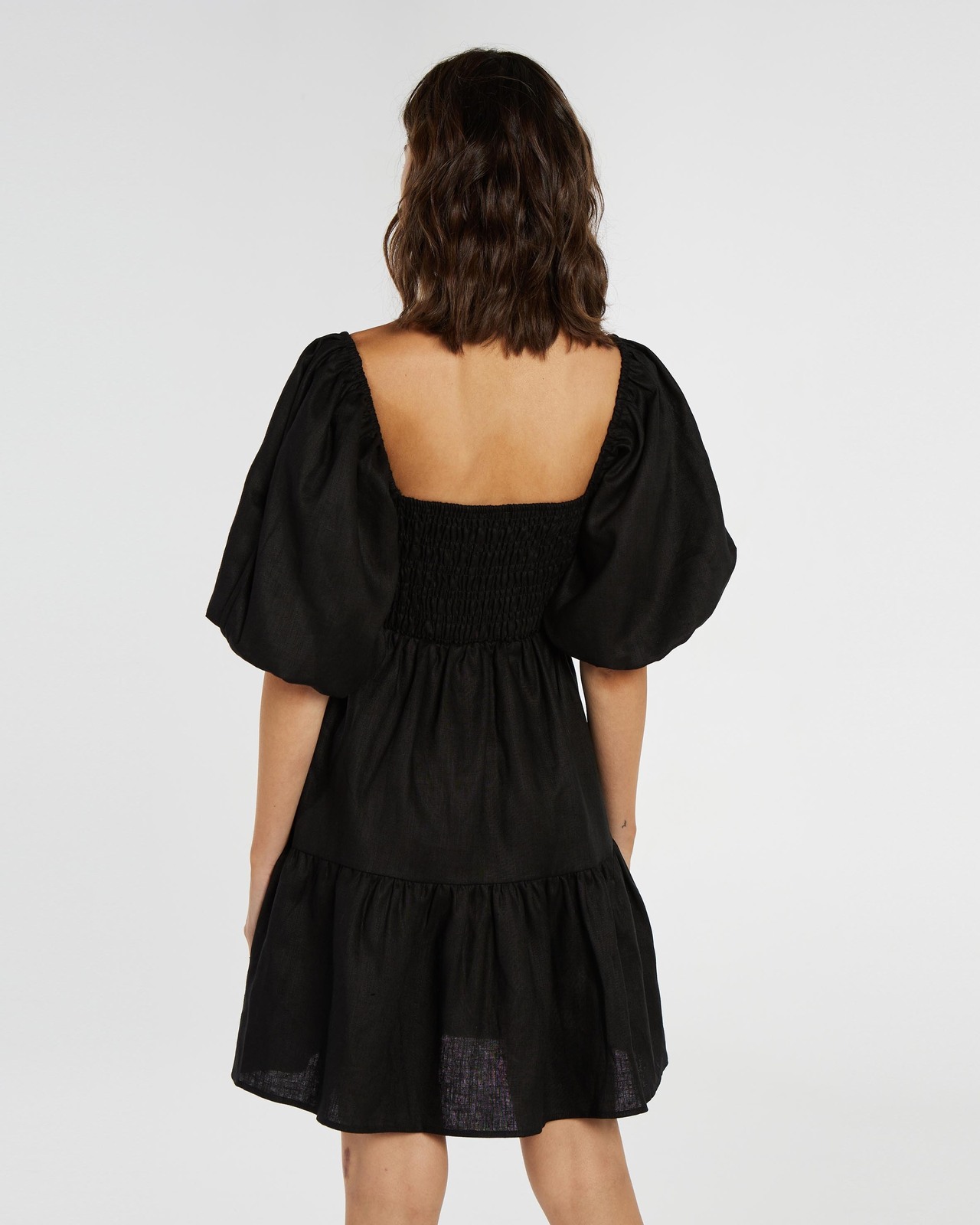 Aere Shirred Linen Puff Sleeve Mini Dress Airrobe