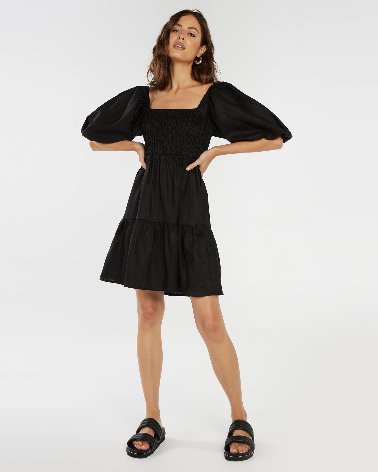 Aere Shirred Linen Puff Sleeve Mini Dress Airrobe