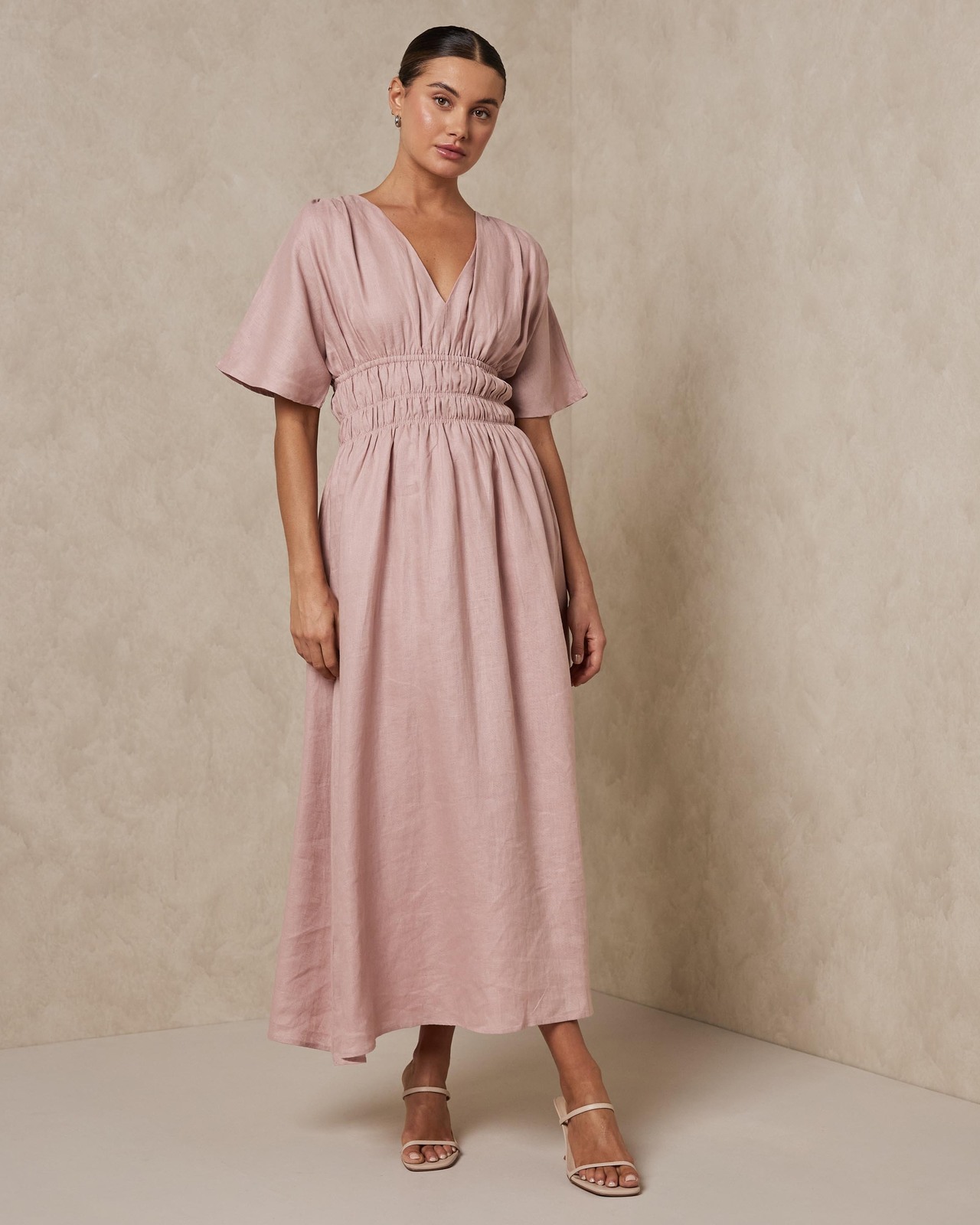 Aere Linen Shirred Midi Dress Airrobe