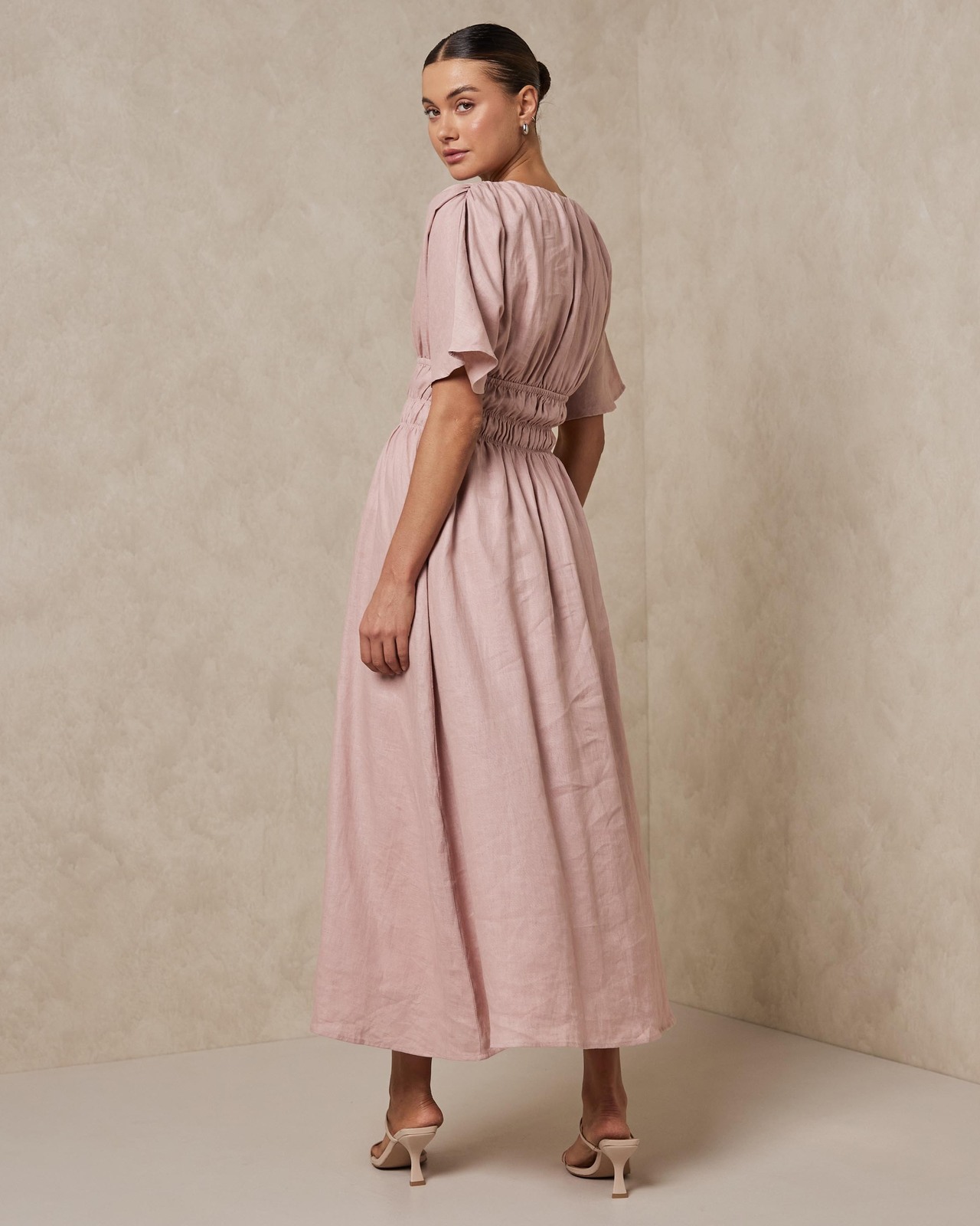 Aere Linen Shirred Midi Dress Airrobe