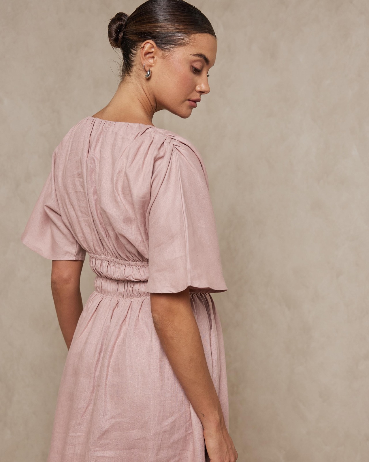 Aere Linen Shirred Midi Dress Airrobe