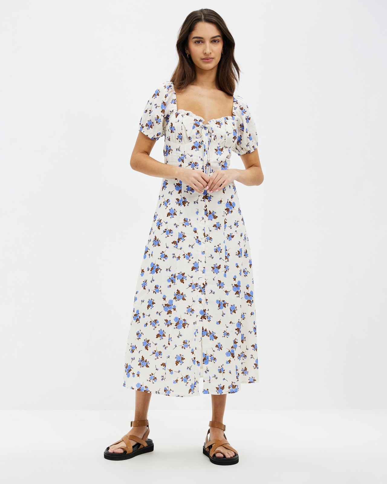 AERE Sweetheart Neckline Linen Midi Dress - AirRobe