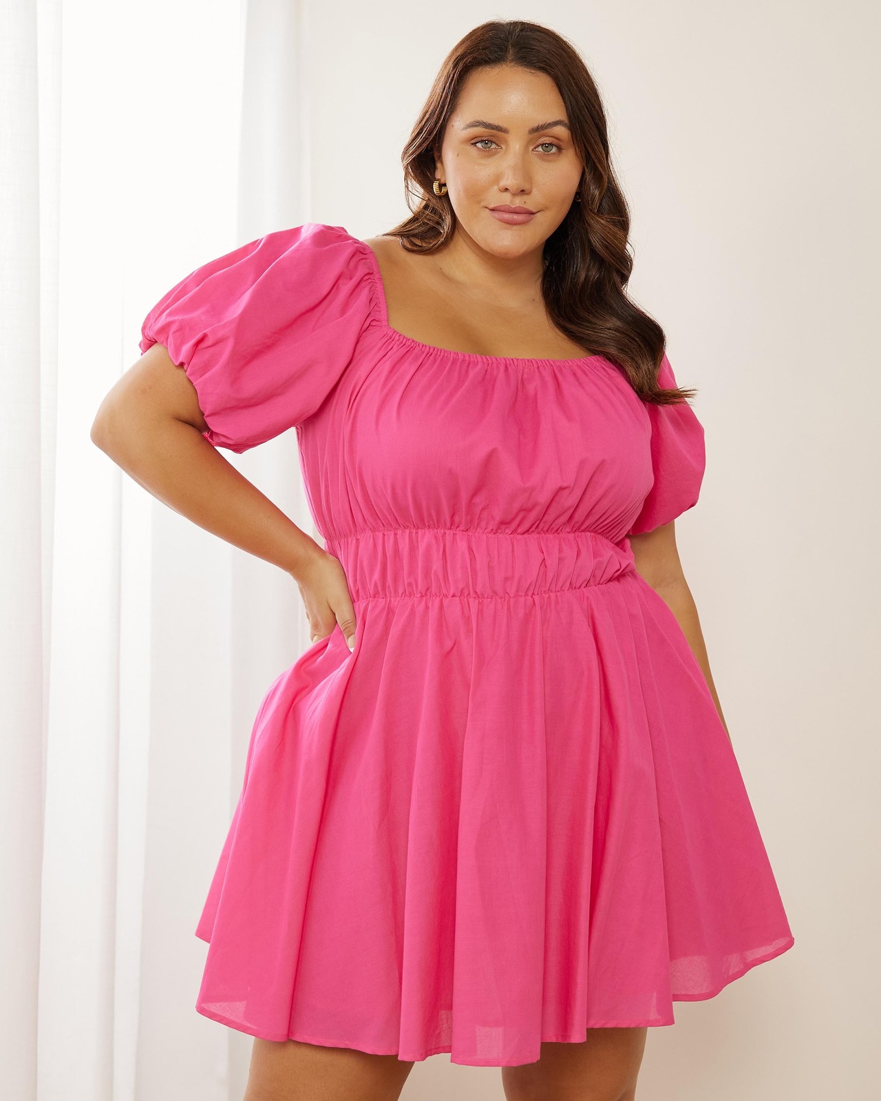 Atmosandhere Curvy Brianna Puff Sleeve Cotton Mini Dress Airrobe