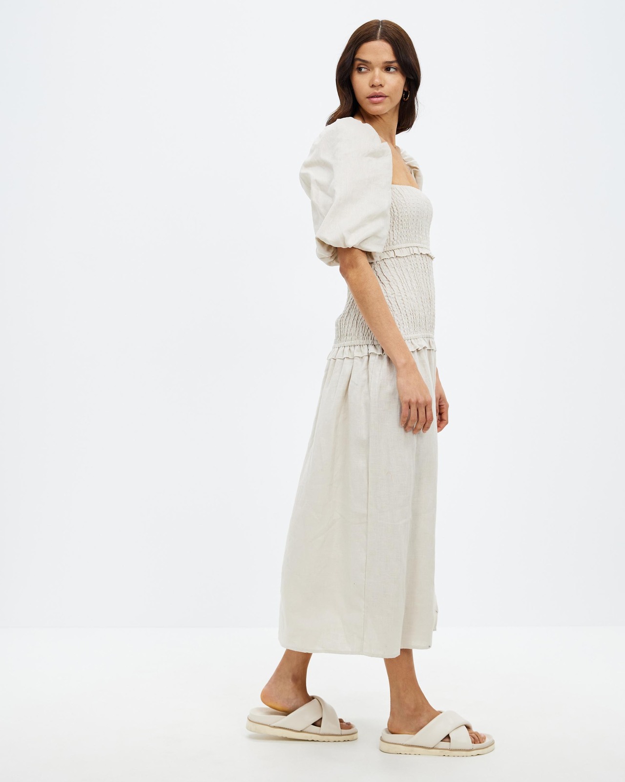 Aere Shirred Linen Puff Sleeve Midi Dress Airrobe