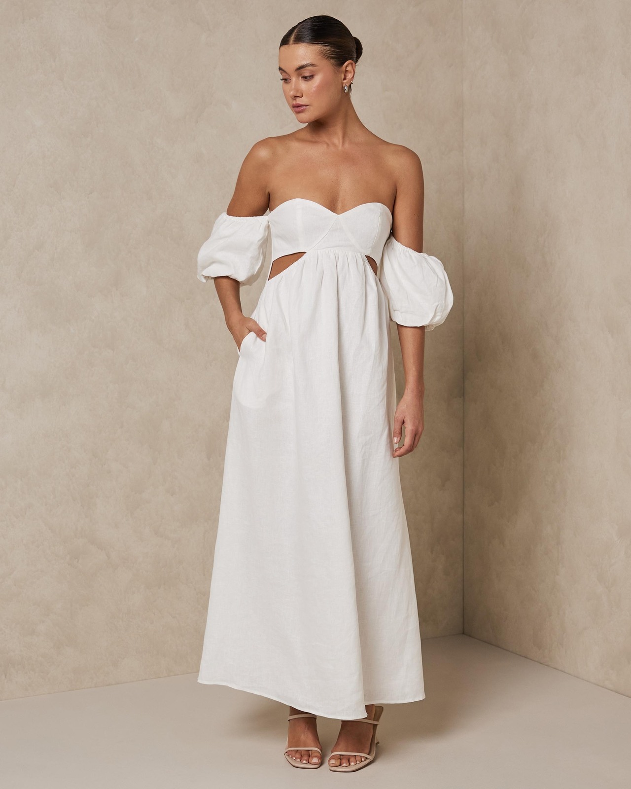 AERE Side Detail Off Shoulder Linen Midi Dress - AirRobe