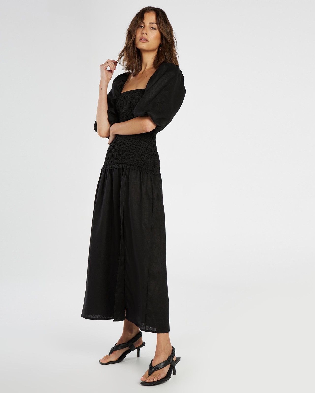 Aere Shirred Linen Puff Sleeve Midi Dress Airrobe