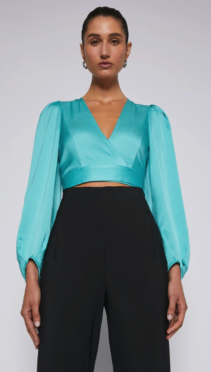 Scanlan & Theodore Crinkle Satin Wrap Blouse in Turquoise - AirRobe