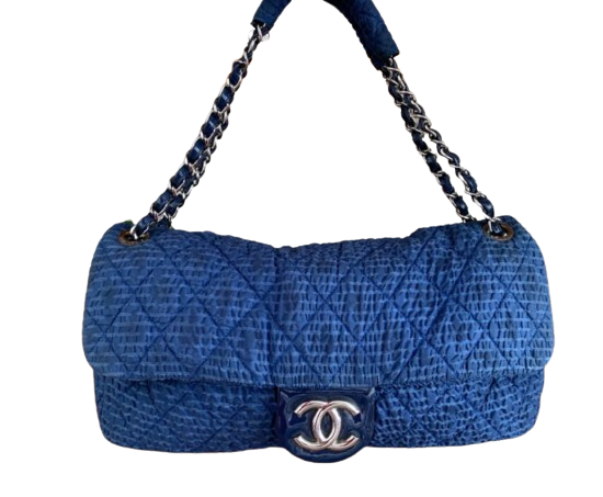 Chanel Classic Flap XL Plush Textured Blue Nylon Handbag - AirRobe