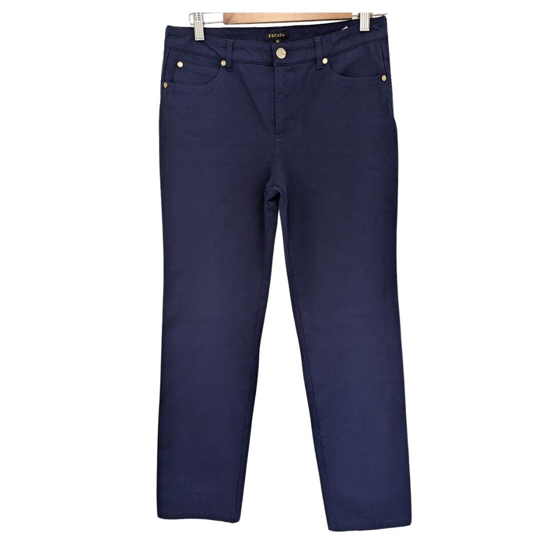 Escada MUNICH 5 POCKET PANTS DEEP SEA BLUE GOLD ZIP AND TRIMS SIZE 38 ...